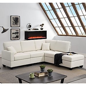 Merax Modern Sectional Sofa, 5-Seat Modular Couch Set with Convertible Ottoman, L-Shape Linen Fabric Corner Couch Set with 2 Pillows for Living Room/Apartment/Office, Beige