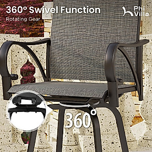 PHI VILLA Outdoor Swivel Bar Stools Set of 4, High Top Patio Bar Stools & Chairs with Armrest & Textilene Fabric for Outside, Grey