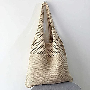 Sluxa Knit shoulder bag for women, beige knitted tote bag for women, Hippie casual aesthetic women tote bag