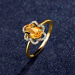 KnBoB Women Flowers Oval Shape 1.2ct Citrine Ring 18K Yellow Gold Promise Wedding Engagement Bridal Anniversary Ring Size 9.5