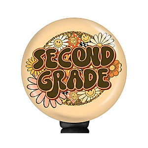 Second Grade Teacher Badge Reel - Gift for Second Grade Teacher - 2nd Grade Teacher Badge Holder - Retro Badge Clip - Groovy Floral Retractable Nametag Reel