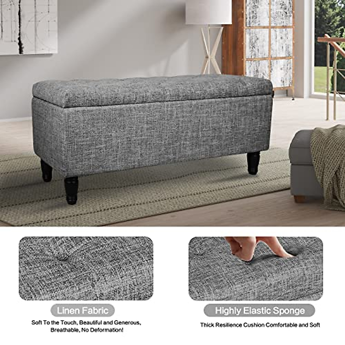 Storage Ottoman Bench, End of Bed Bench for Bedroom, Button Tufted Bench with Storage for Entryway, Living Room, Hallway, Large Storage Bench Foot Rest (Dark Grey)