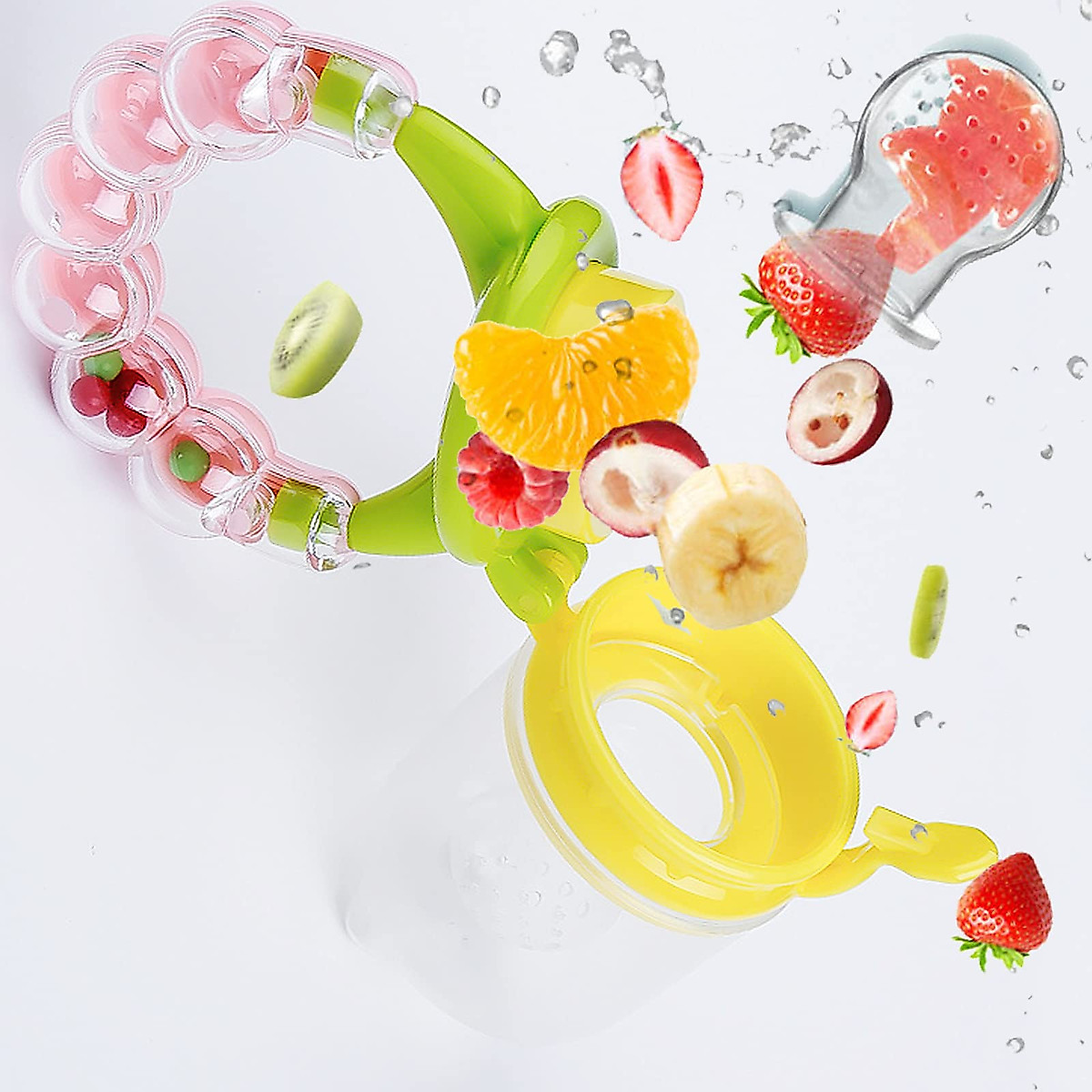 Baby Teething Toys, Alled Teethers for Newborn Infants Girls Boys, Teething Toy Silicone Freezer Safe,Freezable Teether with Baby Fruit Feeders/Hollow Teething Tubes/Holder Strap Clip/Storage Case