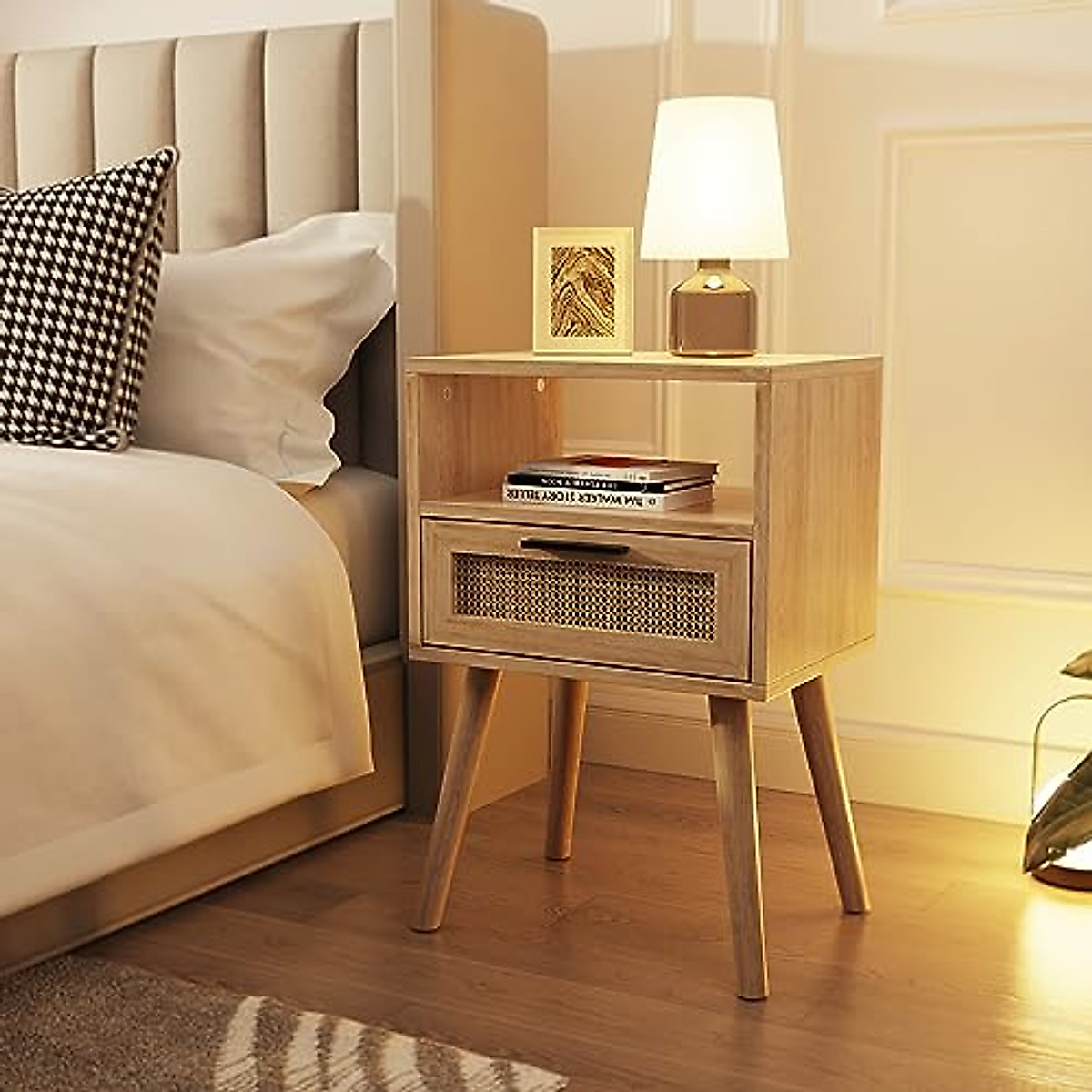 AmzYuga Nightstands Set of 2, Bedside Table with Drawer, Modern End Table with Open Storage, Bed Side Table with Solid Wood Feet for Bedroom Set of 2, Boho Night Stands, Accent Tables, Natural