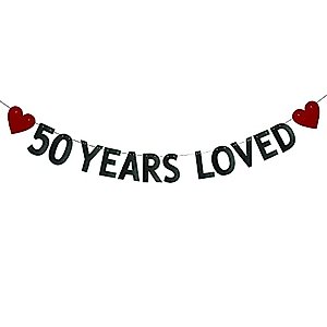 50 YEARS LOVED Banner，Pre-strung，50th Birthday / Wedding Anniversary Party Decorations Supplies，Black Glitter Paper Garlands Backdrops, Letters Black Betteryanzi