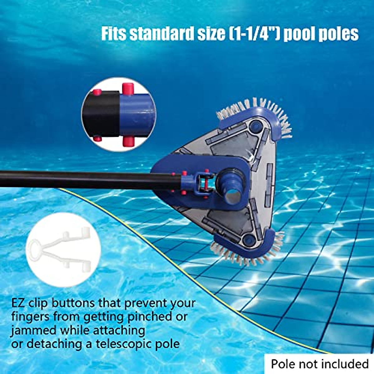 Poolvio Triangular Pool Vacuum Head with Side Brush, Swivel Hose Connection, EZ Clip Handle,3 Ball Wheels - Connect 1-1/4", 1-1/2" Hose for Inground and Above Ground Swmming Pools