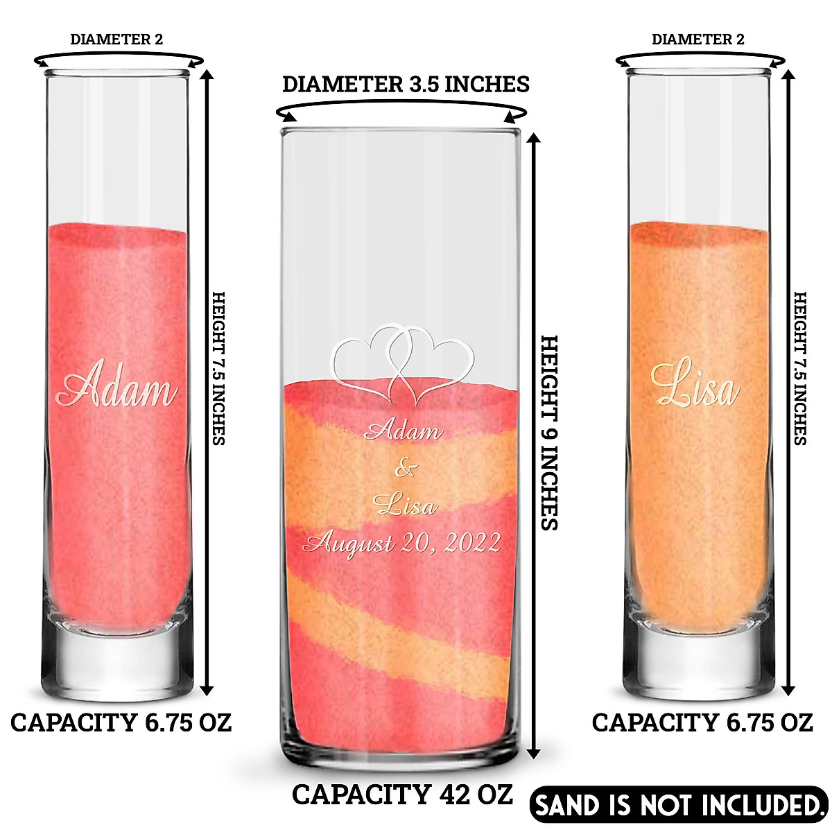 Personalized Unity Sand Ceremony Sets – Salt Ceremony Kit For Weddings, Unity Candle Alternative, Blended Family Sand Set. Best Gift for Wedding or Anniversary. Cylinder w Double Heart