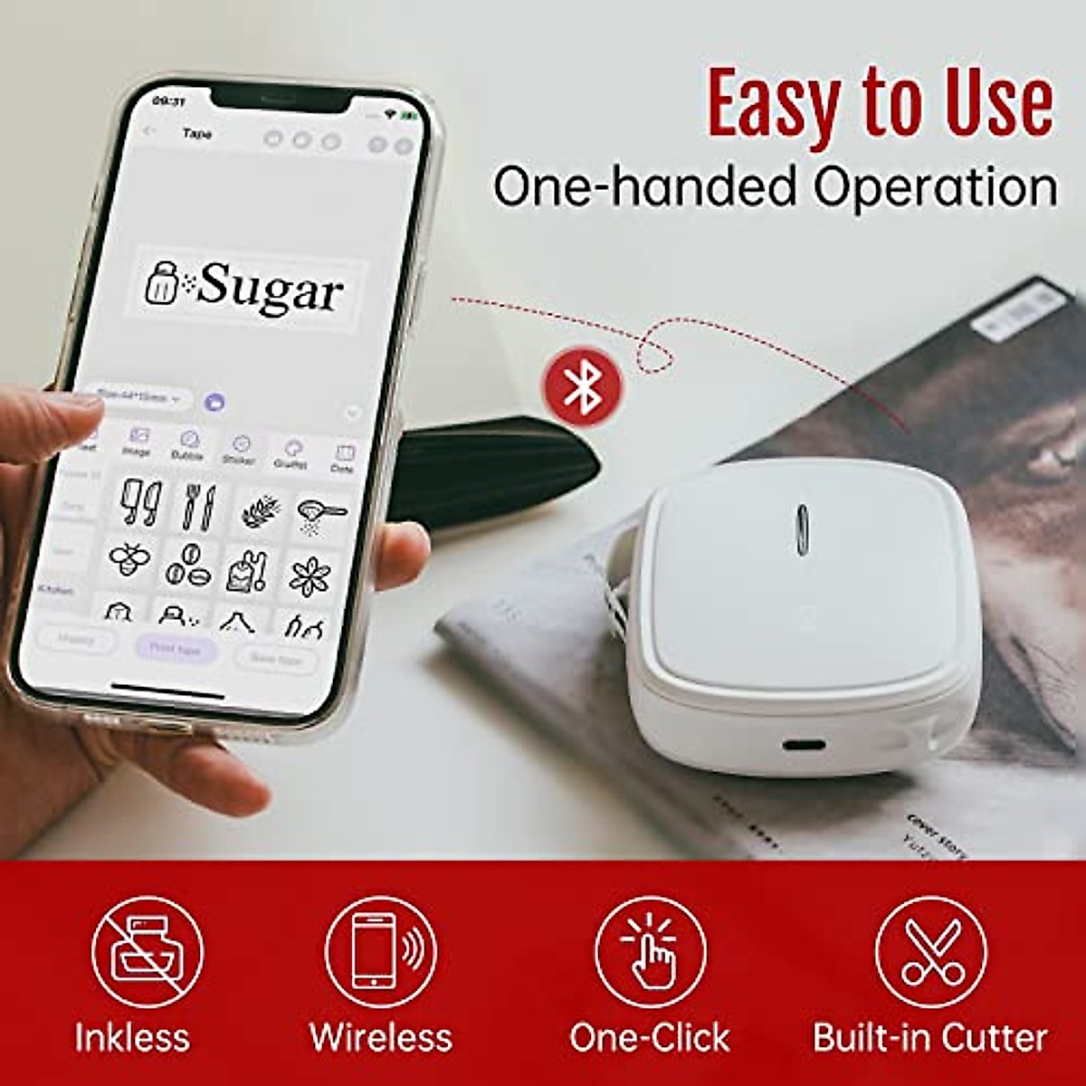 Label Makers Machine with Tape Built-in Cutter Portable Bluetooth Handheld Sticker Printer for Home Office Organization iOS Android Multiple Templates Fonts Icon Mini Inkless Labeler USB Rechargeable