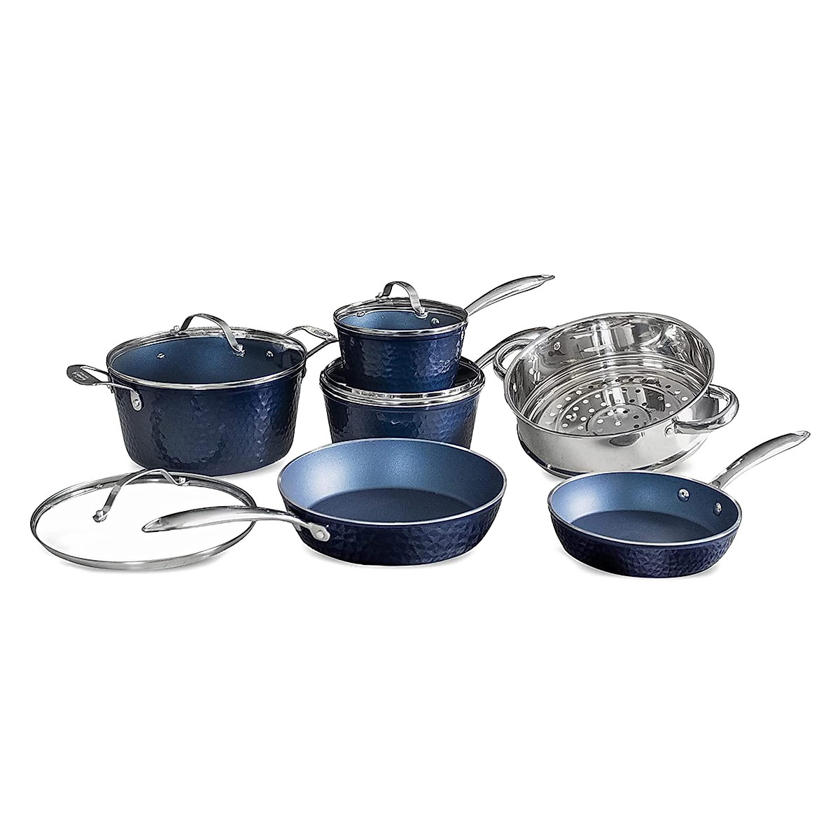 OrGREENiC Blue Hammered Collection - Non-Toxic, Non-Stick Ceramic 10 Piece Cookware Set with Glass Lids, Scratch-Resistant, Oven Safe with Upgraded Handles, Safe Pan for All Stovetops