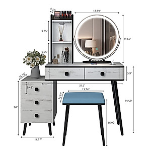 LVSOMT Vanity Desk with Mirror and Lights, Makeup Vanity Table with 3-color Lights & Charging Station, Vanity Set with 5 Drawers, Dressing Table with Stool for Women Girls (Wood White)