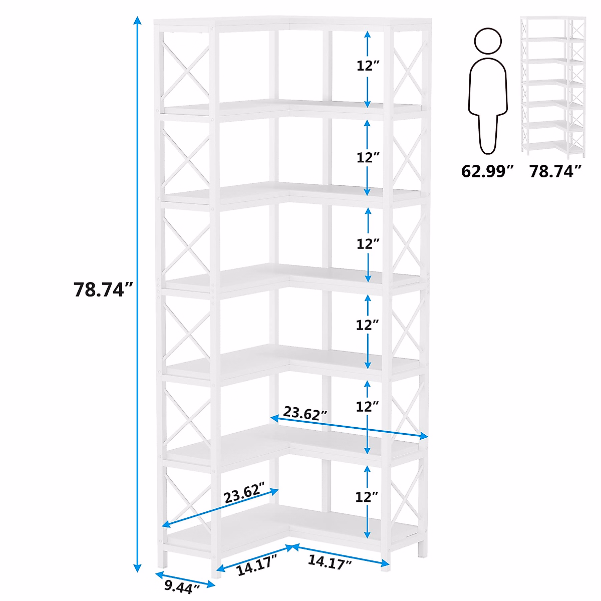 LITTLE TREE 7-Shelf Corner Bookshelf Modern Corner Bookcase Corner Shelf for Living Room Home Office, White