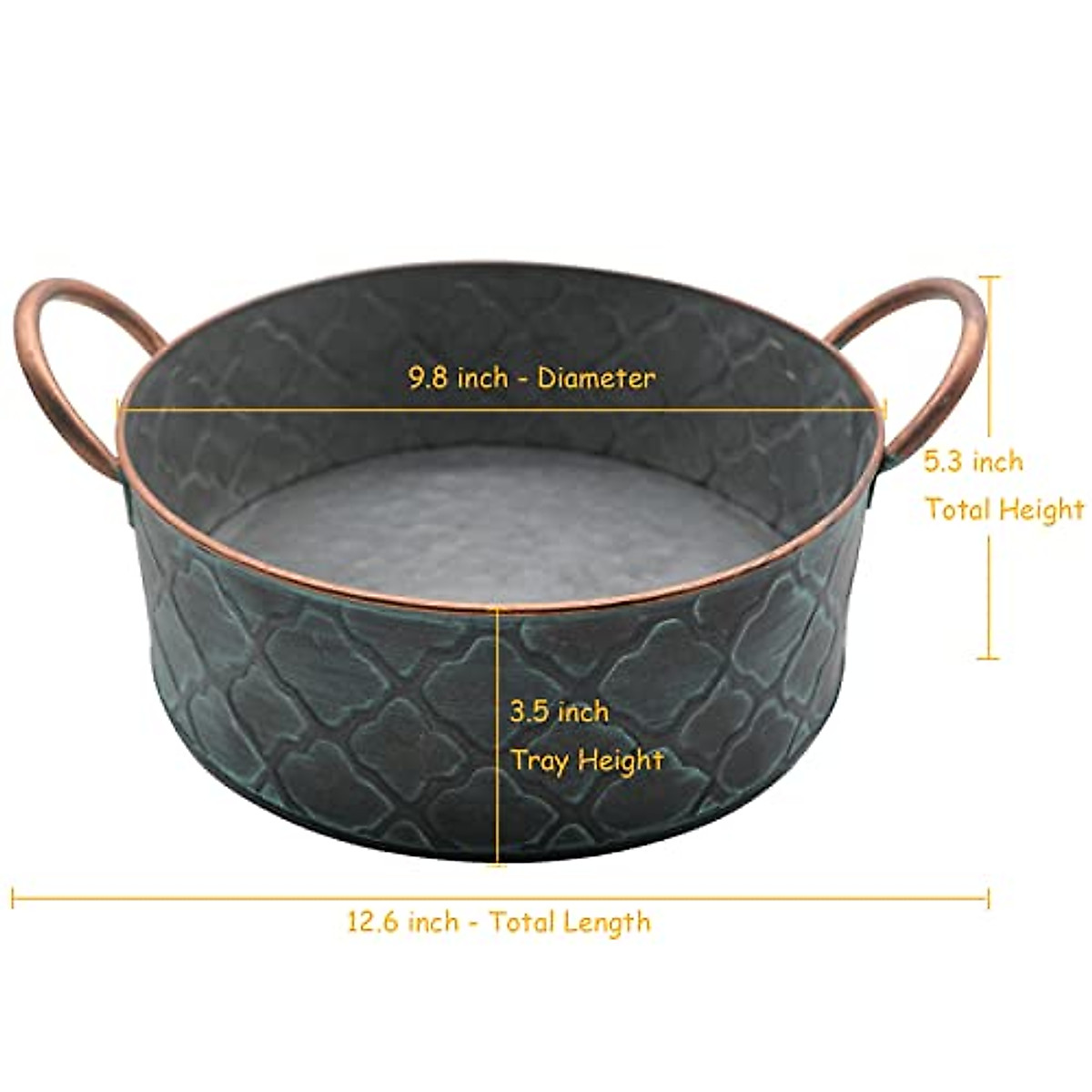 Farmway Decorative Galvanized Metal Round Serving Tray with Handles, Indoor and Outdoor Rustic Farmhouse Decor Food Serving Tray - Grey Green - 12.6”L × 9.8”W × 5.3”H