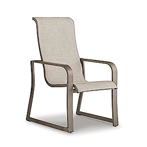 Signature Design by Ashley Beach Front Casual Outdoor Stackable Faux Leather Sling Arm Chair, Set of 4, Light Brown