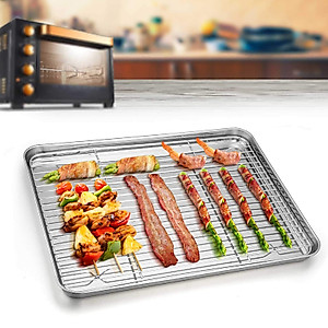 TeamFar Baking Sheet with Rack Set, Stainless Steel Cookie Sheet Baking Pans with Cooling Rack, Non Toxic & Healthy, Rust Free & Heavy Duty, Mirror Finish & Easy Clean, Dishwasher Safe - 6 Pieces