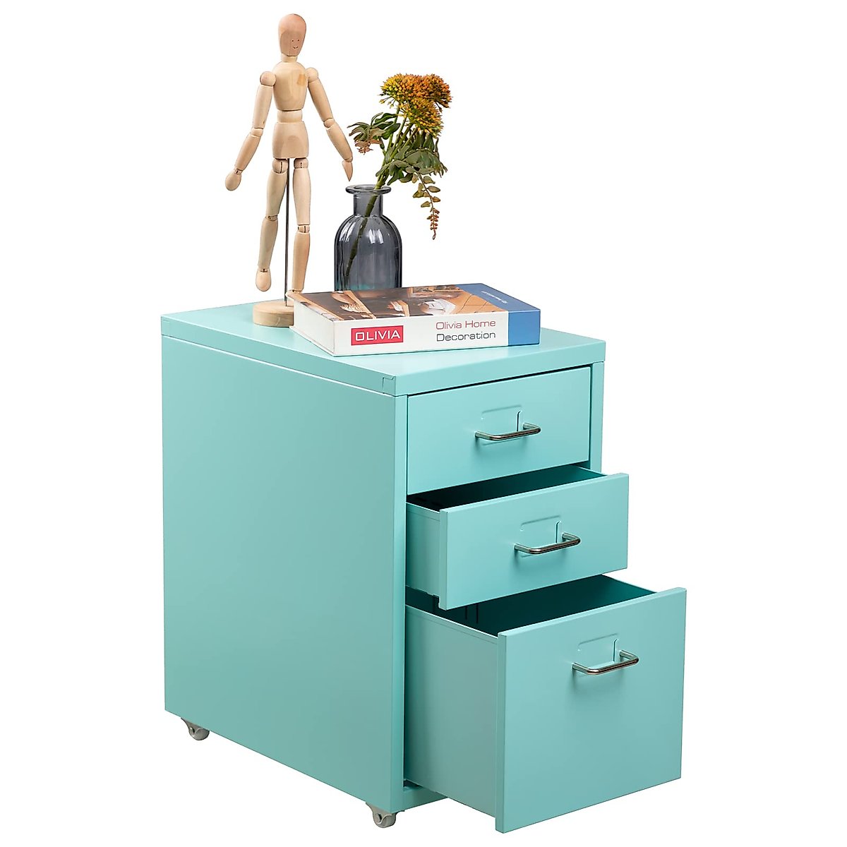 HollyHOME 3-Drawer Mobile Classification Storage Cabinet, Under Desk for A4 Mini File Cabinet, Mobile File Cabinet with Wheels for Home and Office, Blue