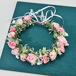Funsveta Floral Headpiece Garland Halo Maternity Photo Shoot Flower Crown Eucalyptus Leave Headband Wedding Headpiece (Green Leaf and Pink)