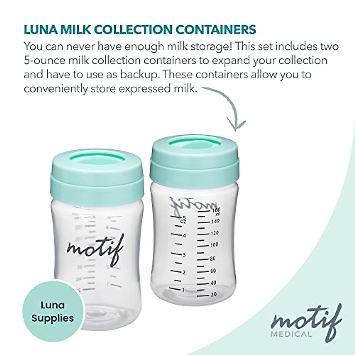 Motif Medical Breast Milk Storage Bottles - Two 160mL Bottles with Sealing Discs - Milk Collection Containers - Compatible with The Luna Breast Pump