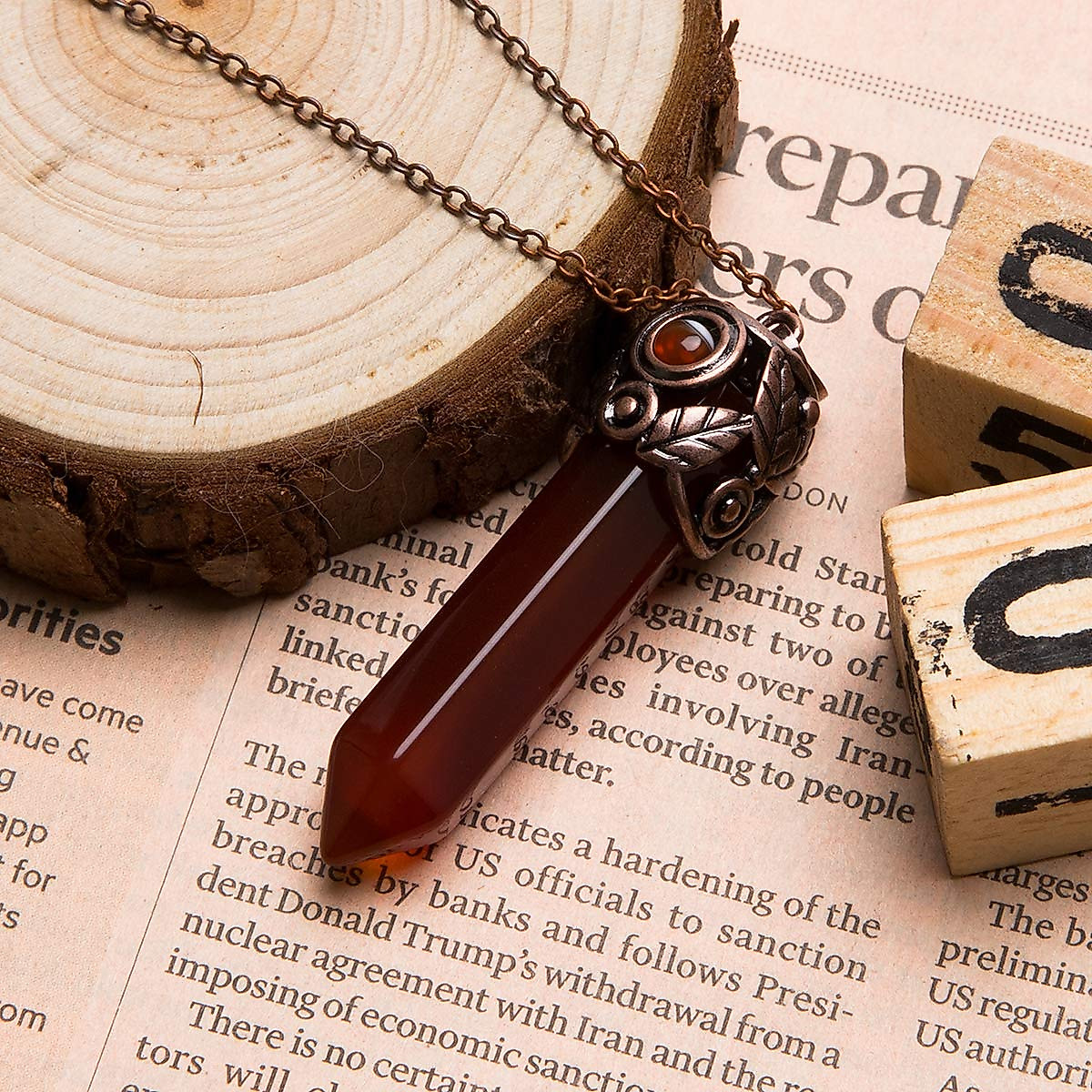 Bivei Crystal Necklace Men Women Red Agate Chakra Crystals and Healing Stones Necklaces Retro Antique Brass Hexagonal Prism Gemstone Quartz Rock Pendant Witch Vampires Jewelry Gift (Red Agate)