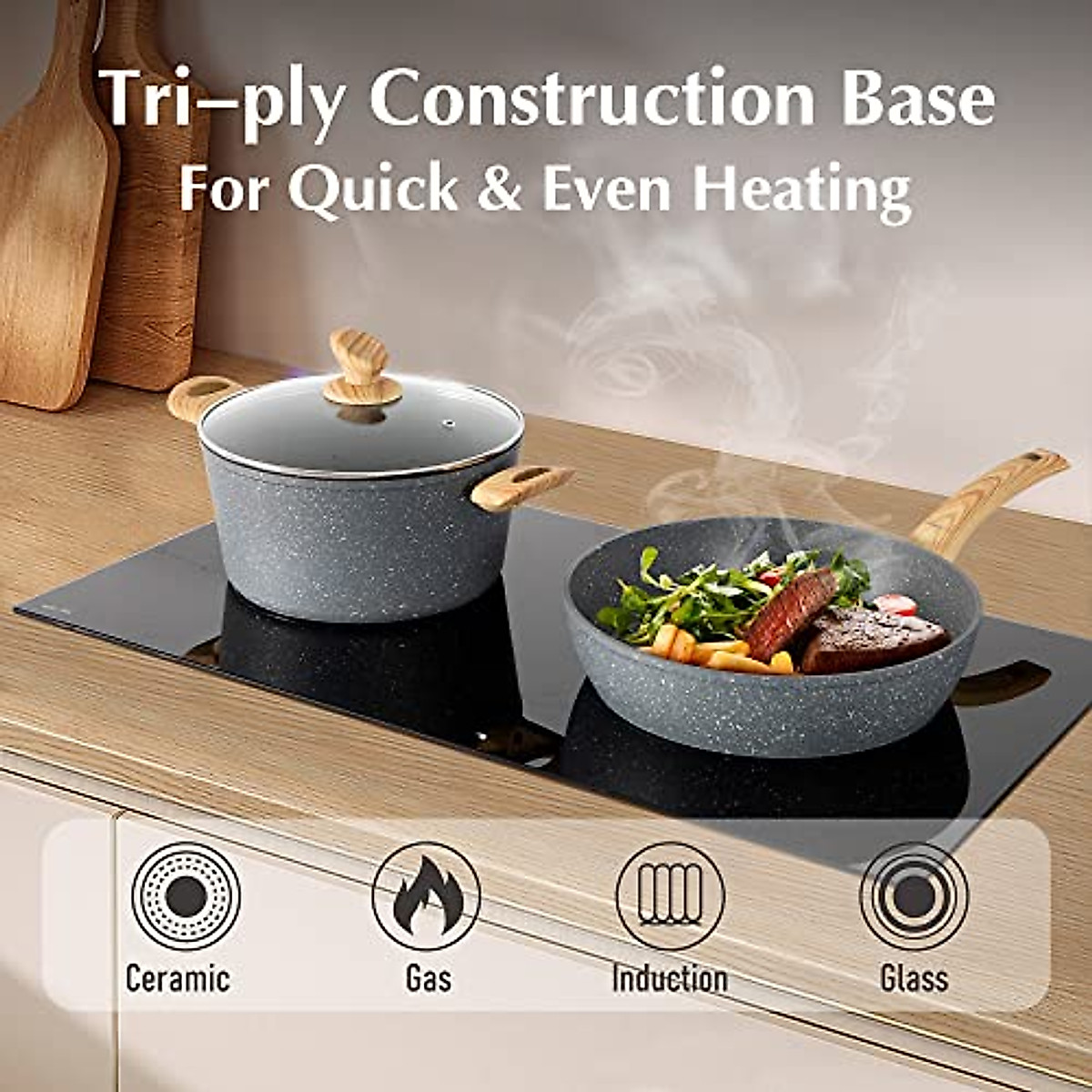 MAISON ARTS Kitchen Cookware Sets Nonstick, 12 Piece Pots and Pans Set Granite Cooking Set for Induction & Dishwasher Safe, Oven, Stovetop, Gery