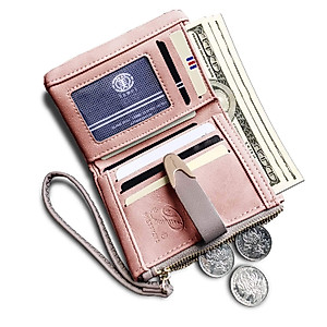 TOPKULL Wallets for Women Rfid Small Compact Bifold short Wallet,Ladies Wristlet Zipper Coin Purse (Pink)