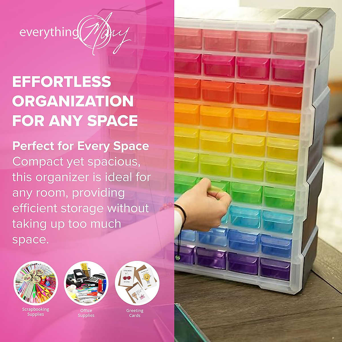 Everything Mary 60-Drawer Organizer - Heavy-Duty Plastic Storage Cabinet, Ideal for Garage, Crafts, Office, and Workshop - Durable Polypropylene, Easy Access Finger-Grip Handles, Multi-Purpose Storage