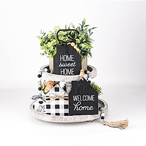 OYATON Welcome Home Wood Hanging Sign Decor, Small Black Rustic Wooden Blocks House Hanging Sign with Beads and Jute Rope Tassel for Wall Farmhouse Decoration,Front Door and Porch Home Decor