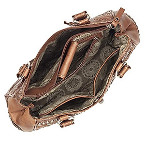 American West Leather - Multi Compartment Tote Bag -Purse Holder Bundle (Brown - Lady lace)