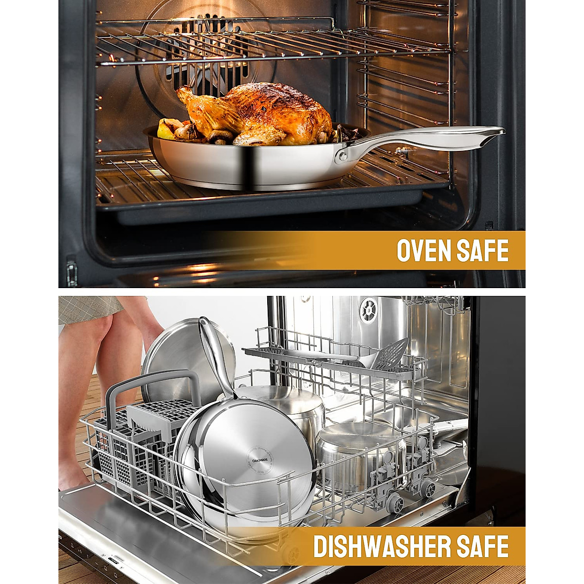 OAKSWARE 3-Piece Set, 9.5-inch and 11-inch Nonstick Stainless Steel Fry Pans with Ergonomic Handle, Oven and Dishwasher Safe