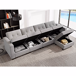Belffin Light Grey L Shape 5-Seat Modular Sectional Sofa with Storage, Reversible Chaise, Adjustable Backrest, Cotton & Polyester