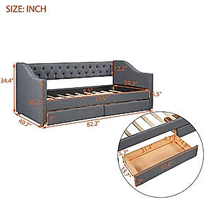 HSBD Twin Daybed, Upholstered Daybed with Two Storage Drawers, Twin Size Sofa Bed with Backrest and Wood Slat Support