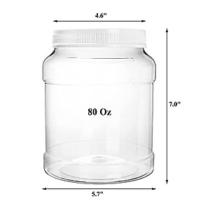 Okllen 4 Pack 80 Oz Clear Plastic Jars with Lids, Large Empty Storage Containers Round Canisters for Nut, Honey, Jam, Dry Food Storage, Wide Mouth, BPA Free, White Cap