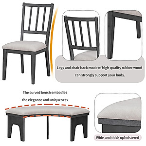 FIQHOME Kitchen Room Retro 5-Piece Set, 44'' Wood Round Dining Table with Curved Bench & 3 Upholstered Chairs and Special-Shaped Legs, 4-5 People,Grey, Gray