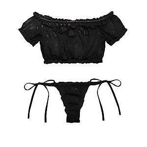 Avidlove Womens Sexy Ruffle Lingerie Set Off Shoulder Baby Doll Teddy Outfit Bra an Pantie Nightie Black S