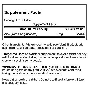 Swanson Zinc Gluconate - Mineral Supplement Promoting Prostate Health, Vision Health, & Immune Support -Gluconate Form for Optimal Absorption - (250 Tablets, 30mg Each)