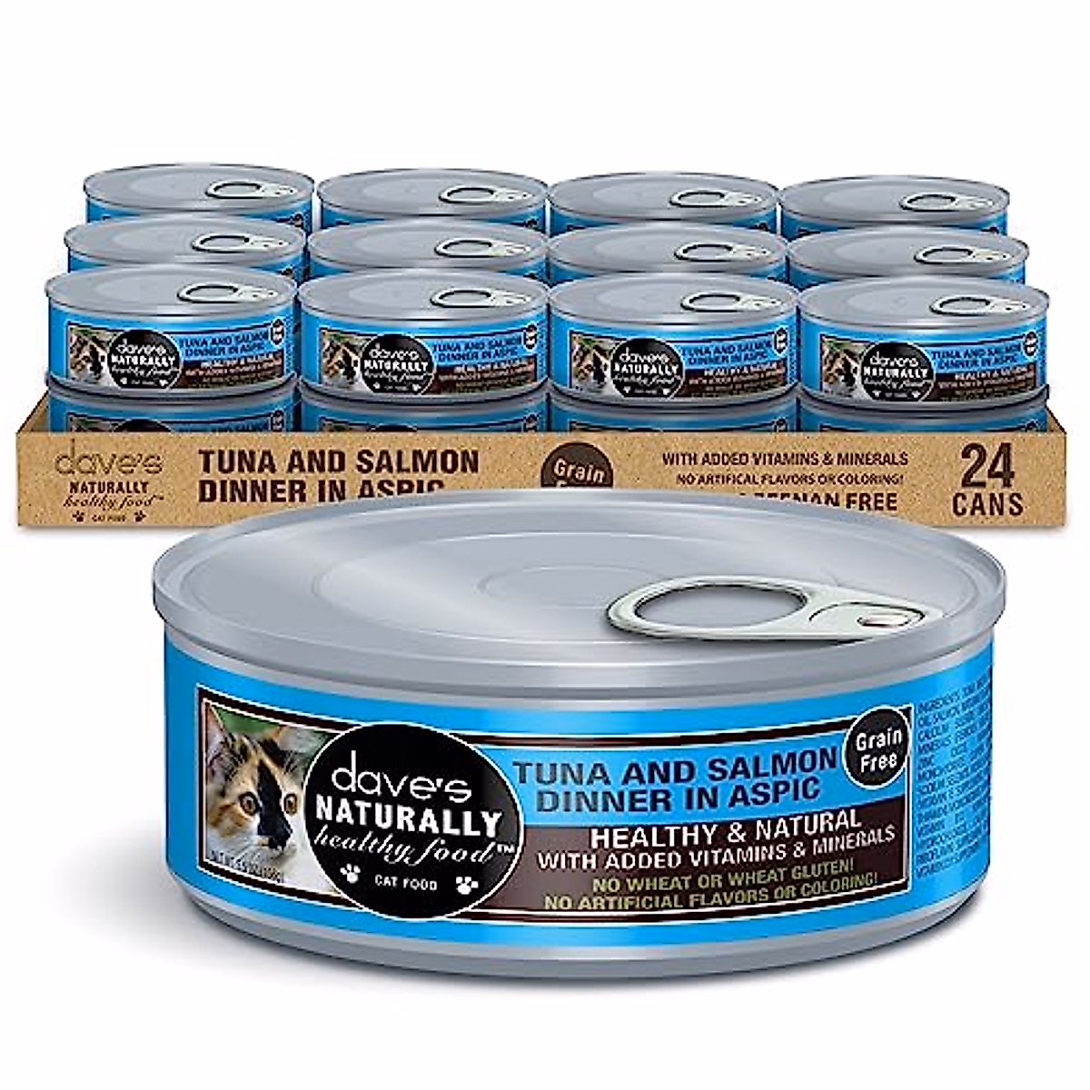 Dave's Pet Food Grain Free Wet Cat Food (Tuna & Salmon Dinner in Aspic), Naturally Healthy Canned Cat Food, Added Vitamins & Minerals, Wheat & Gluten-Free, 5.5 oz (Case of 24)