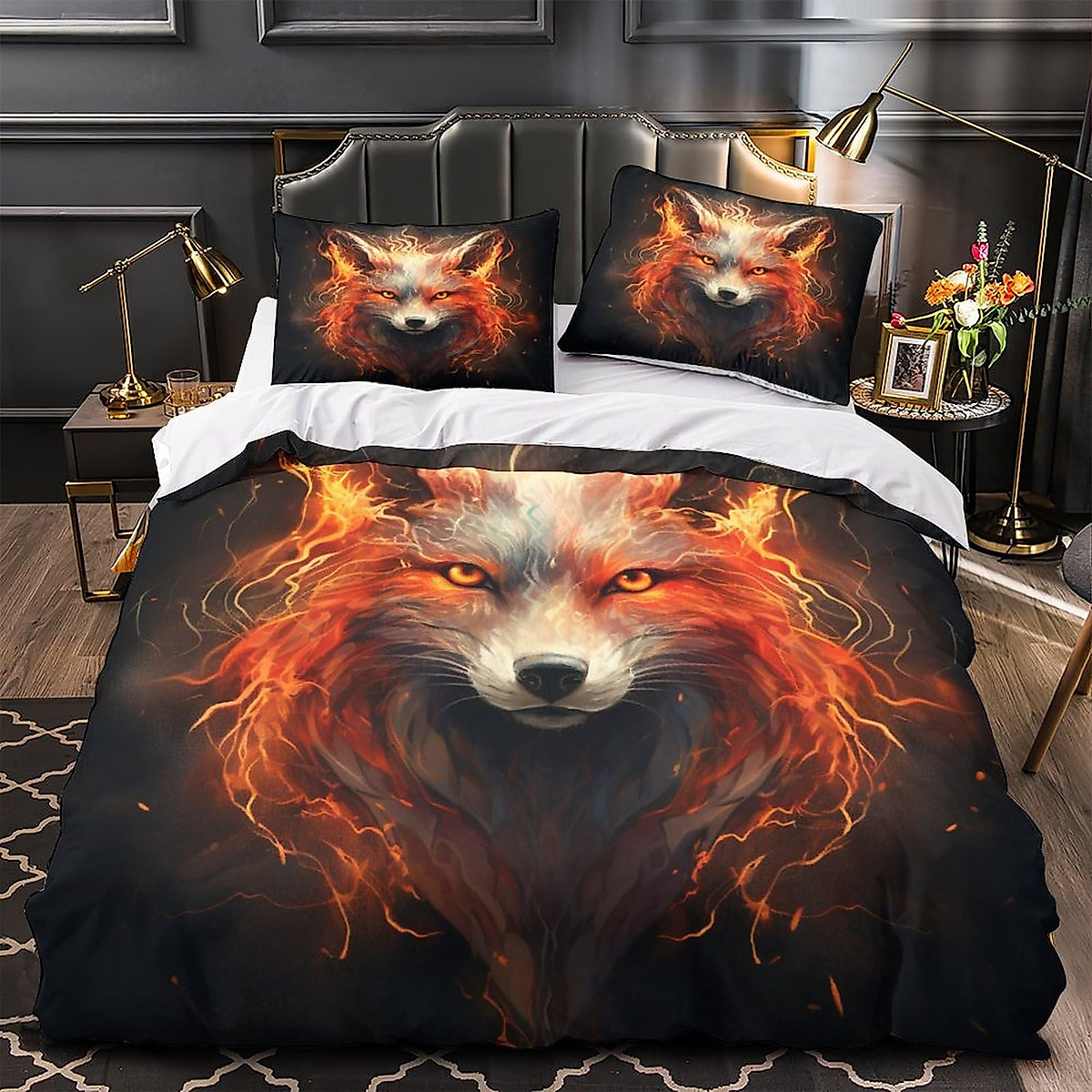 Fox Comforter Covers Quilt Cover 3D Print Fire Duvet Cover for Teens and Adults with Zipper Closure Bedding Set Soft Microfiber with Pillow Cases 2 Pieces Twin（173x218cm）