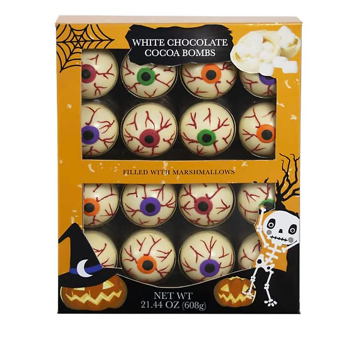 NS Halloween White Chocolate Cocoa Bombs with Mini Marshmallows Inside, Spooky Eyeball Hot Melting Choco Melting Balls Great for Candy Bowl, Party Favor Christmas Holiday Stuffer Gifts 21.44oz (16ct)