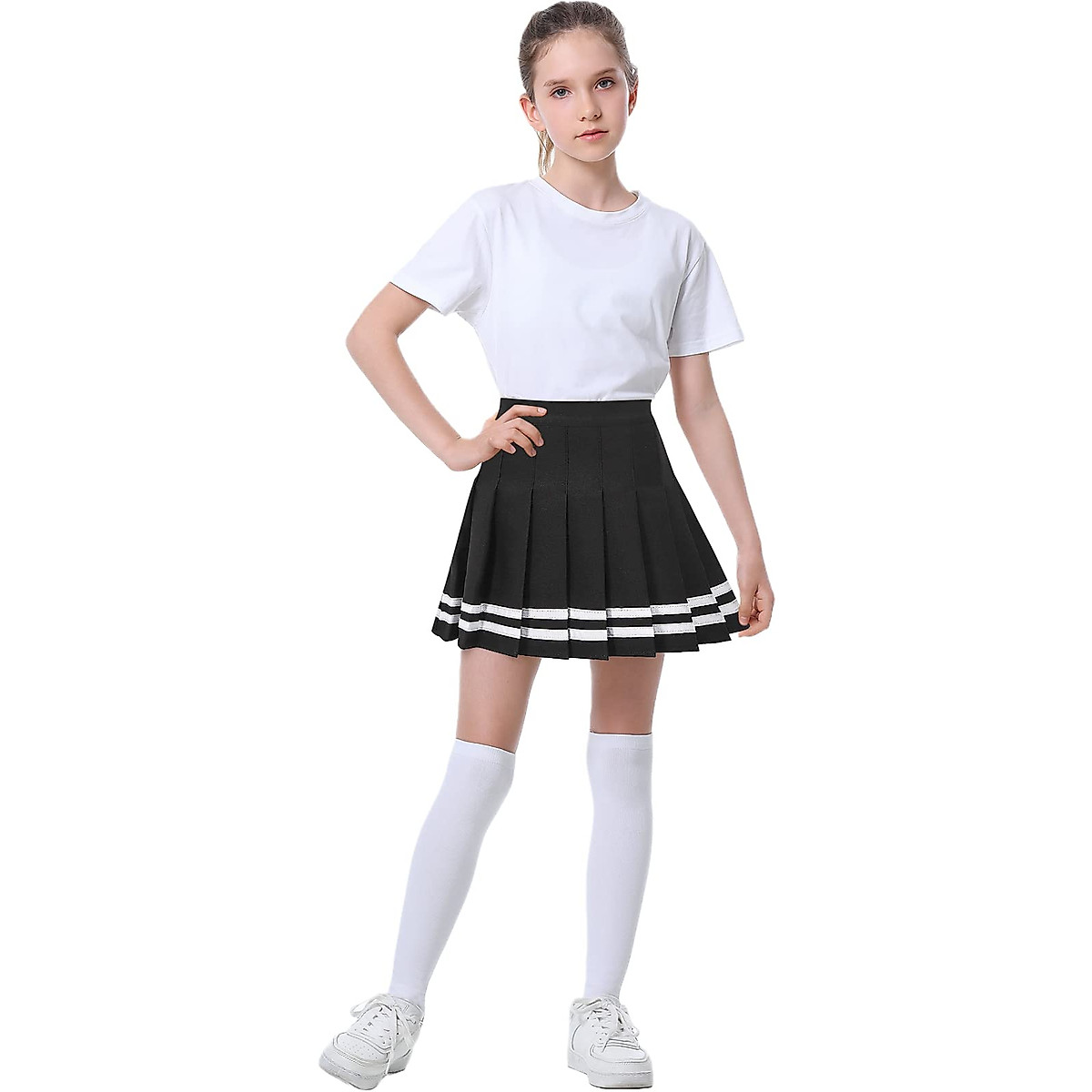 Women's Plaid Skirt, High Waist Pleated School Uniform Cosplay Costume Cheer Skirt, Black with Stripe/New Version, US S