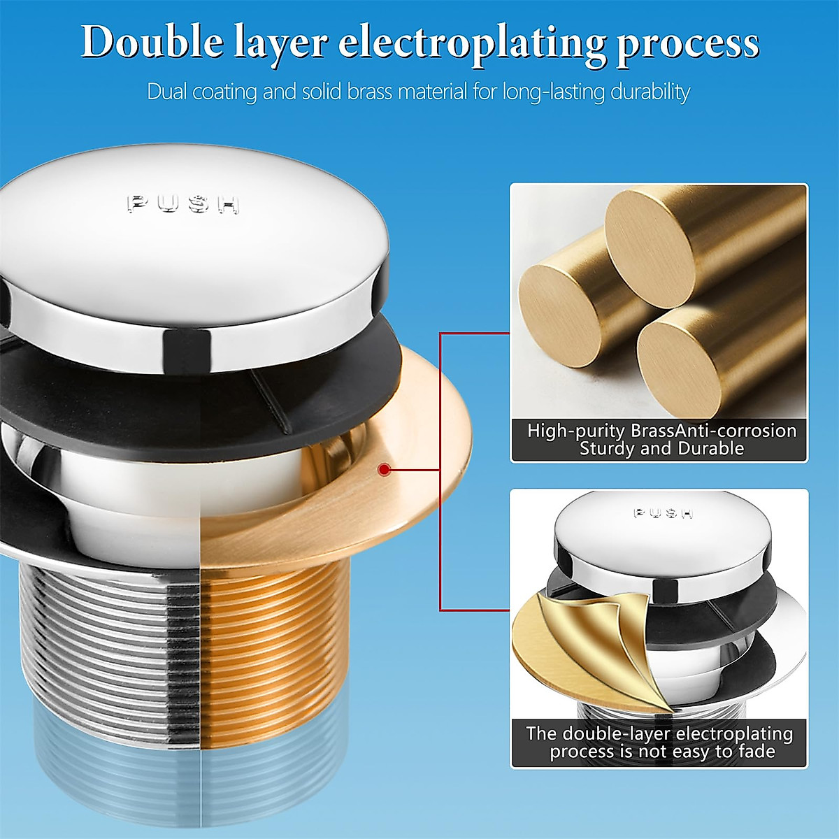 Tip Toe Bathtub Drain Conversion Kit Assembly, Tub Drain Plug Trim Set Bath Tub Drain Stopper with Two-Hole Overflow Faceplate (Chrome Plated)