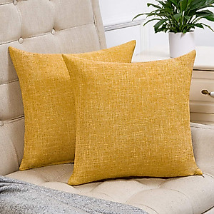 Anickal Set of 2 Mustard Yellow Pillow Covers Rustic Linen Decorative Square Throw Pillow Covers 18x18 Inch for Sofa Couch Decoration