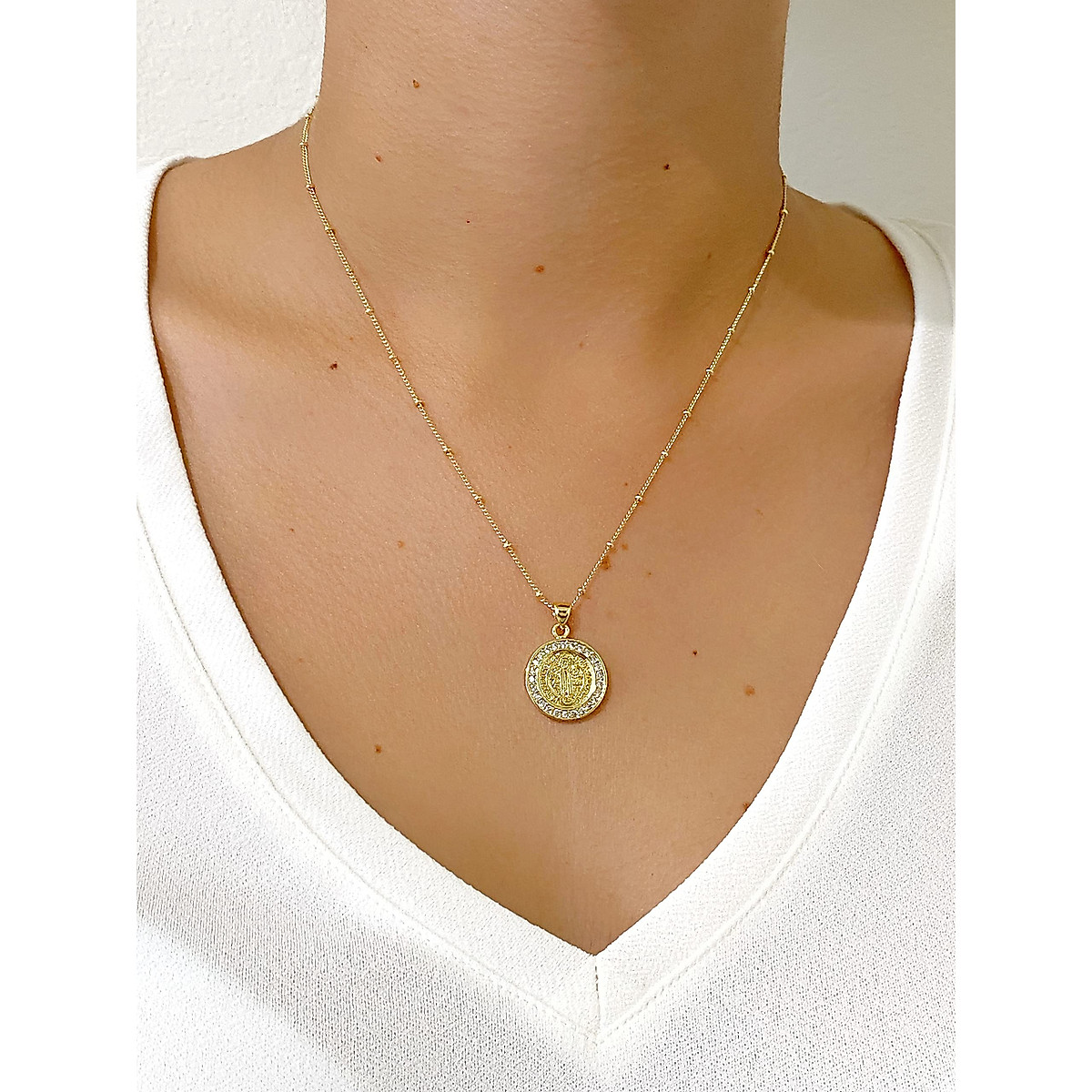 LESLIE BOULES 18K Gold Plated Saint Benedict Pendant Necklace Religious Jewelry for Women