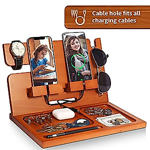 Wood Phone Docking Station - Gift for Men / Dad, Birthday Gifts for Men, Nightstand Organizer for Husband, Bedside Wallet Stand Watch Organizer for Father, Mens Gifts Ideas, Men Gadgets