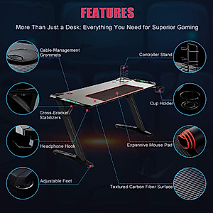 CO-Z 55 Inch Gaming Desk, Z Shaped Gaming Table with 6-Color RGB Lighting, Large Mouse Pad, Controller Stand, Cup Holder & Headphone Hook, Writing Desk Computer Desk for Home Office and More, Black