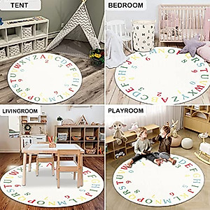 47" Colorful ABC Rug Kid Rug for Nursery Playroom Bedroom,4ft Circle Rugs with Storage Basket for Classroom,Round Baby Play Mat with Carpet Gripper (47inch,Rainbow)