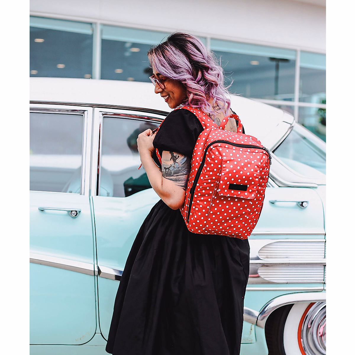 JuJuBe MiniBe Small Backpack, Onyx Collection - Black Ruby - Red/White Polka Dots