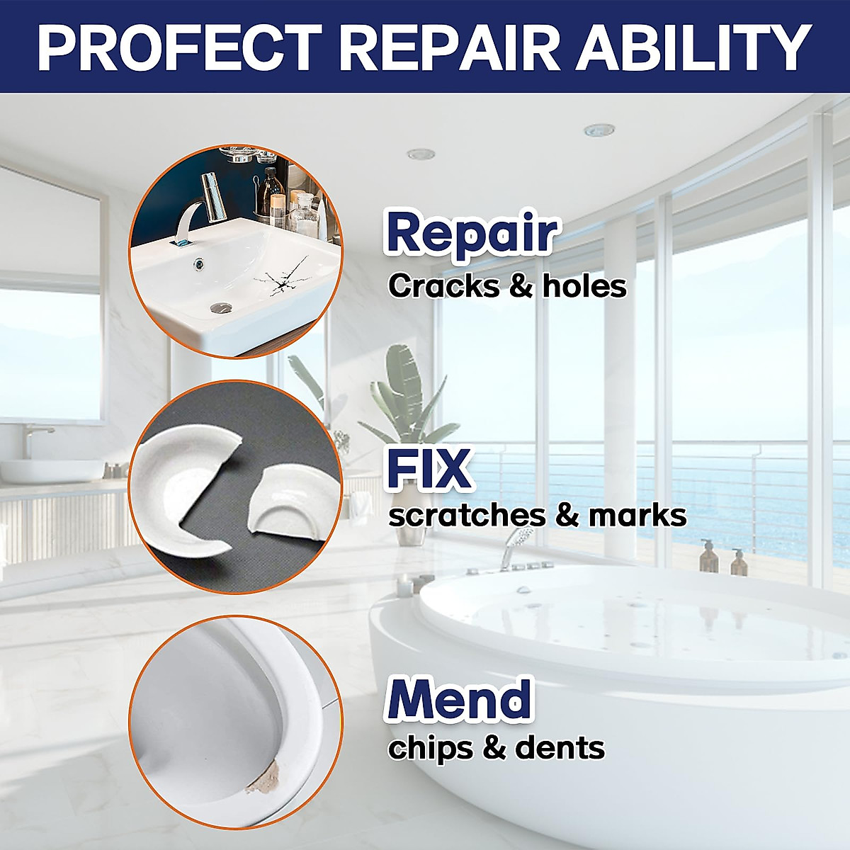 Porcelain Repair Kit, Tub and Tile Repair Kit, Super Strong and Persistent Bathtub Repair Kit, Quartz Countertop Repair Kits for Ceramic, Porcelain, Marble, Quartz, Resin, Acrylic (ceramic repair kit)