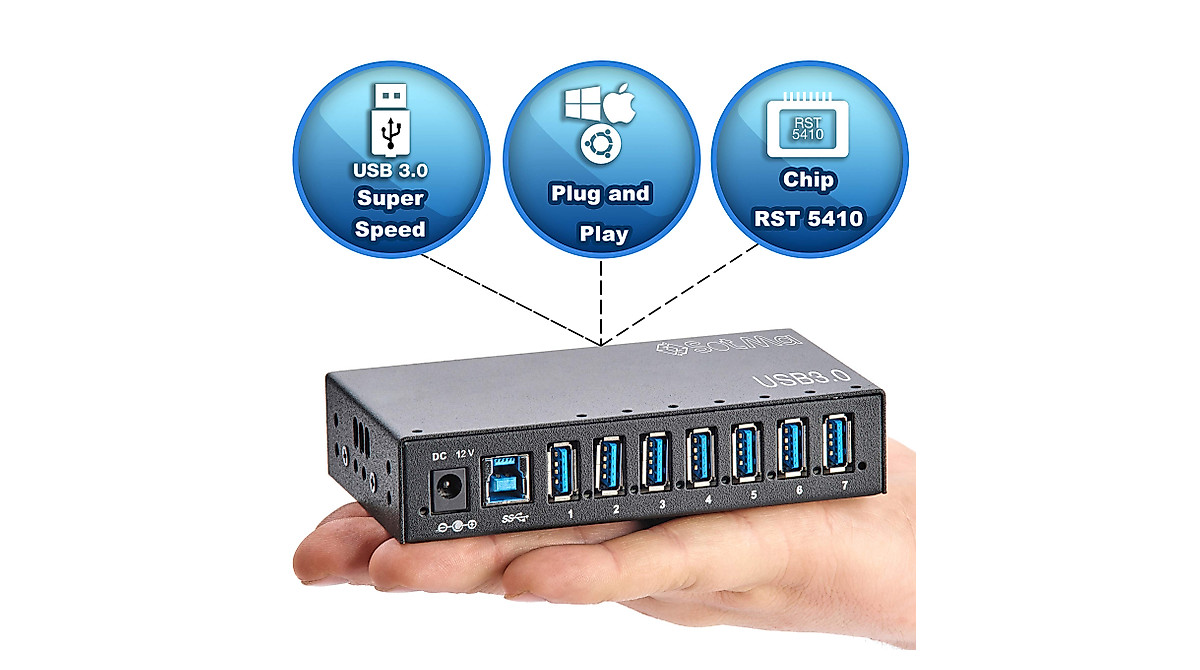 USB 7 Port Hub - Powered USB 3.0 Hub - Aluminum USB Hub -USB Splitter Hub 12V 3A 36W Power ...