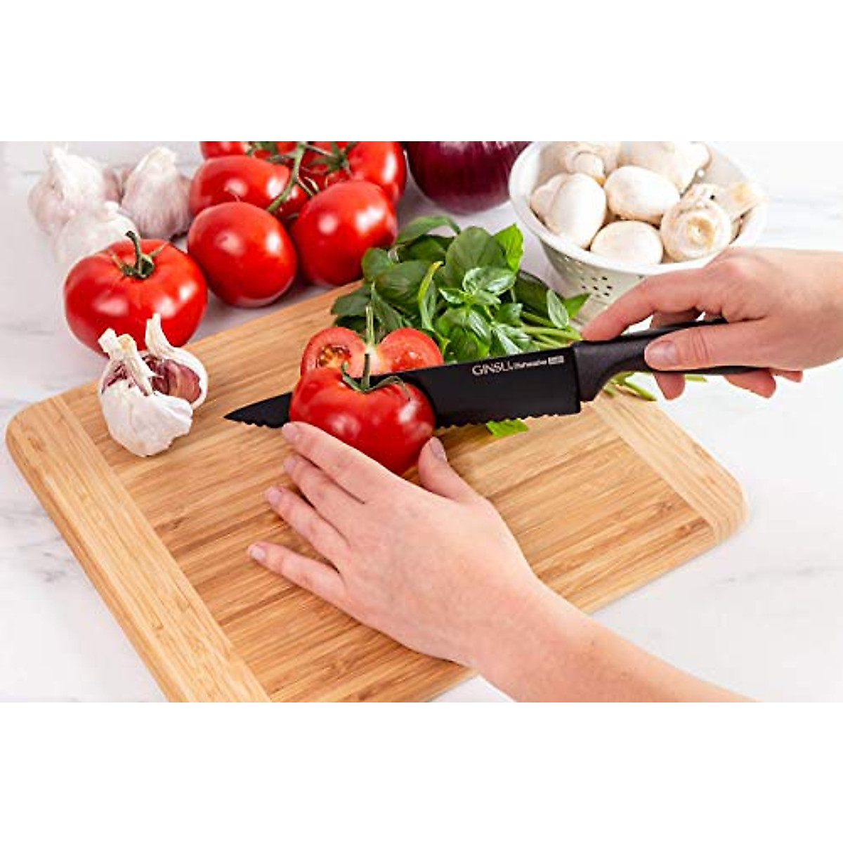 GINSU Daku 5-Piece Black Knife Prep Set - Dishwasher Safe and Always Sharp