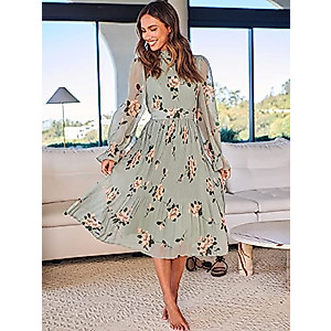 ANRABESS Women's Ruffle Midi Dress Floral Print Round Neck Long Sleeve Smocked Chiffon Dress A-Ling Swing Pleated Casual Dress 676luochenghua-S