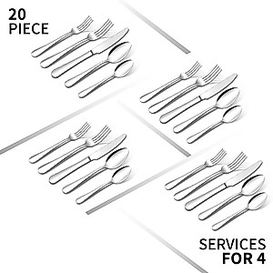 Silverware Set, ENLOY 20 Pieces Stainless Steel Flatware Cutlery Set, Include Knife Fork Spoon, Mirror Polished, Dishwasher Safe, Service for 4